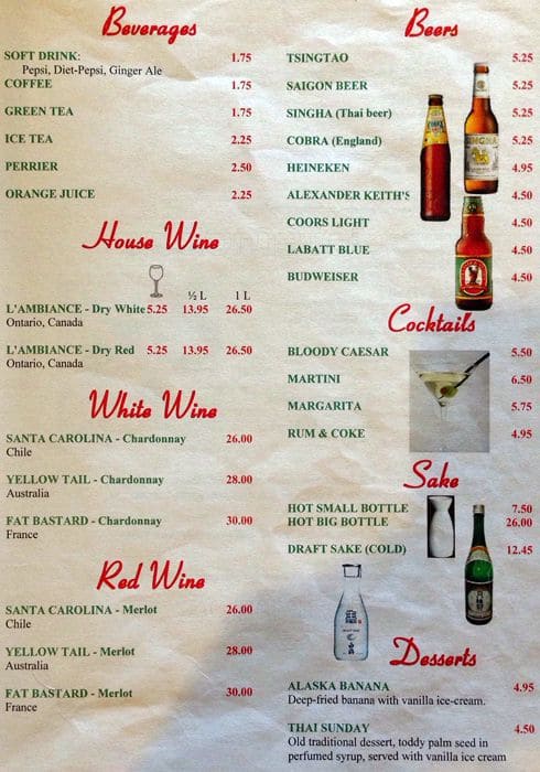 Menu at T'Basil restaurant, Ottawa