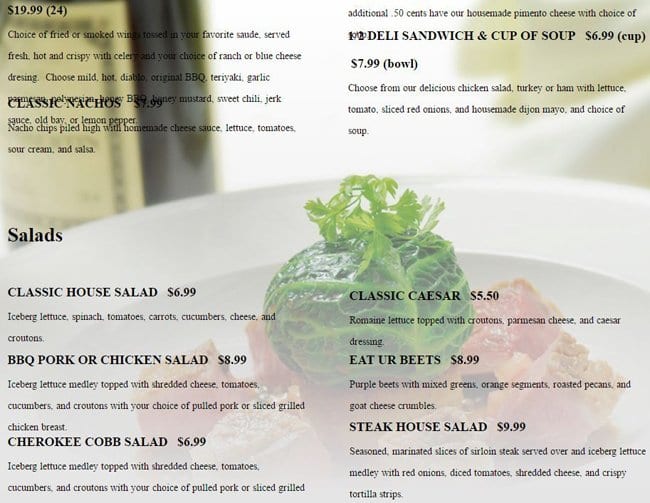 Menu at 238 Cherokee Grill steakhouse, Kings Mountain