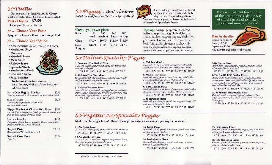 Menu at So Italian pizzeria, Brownsburg