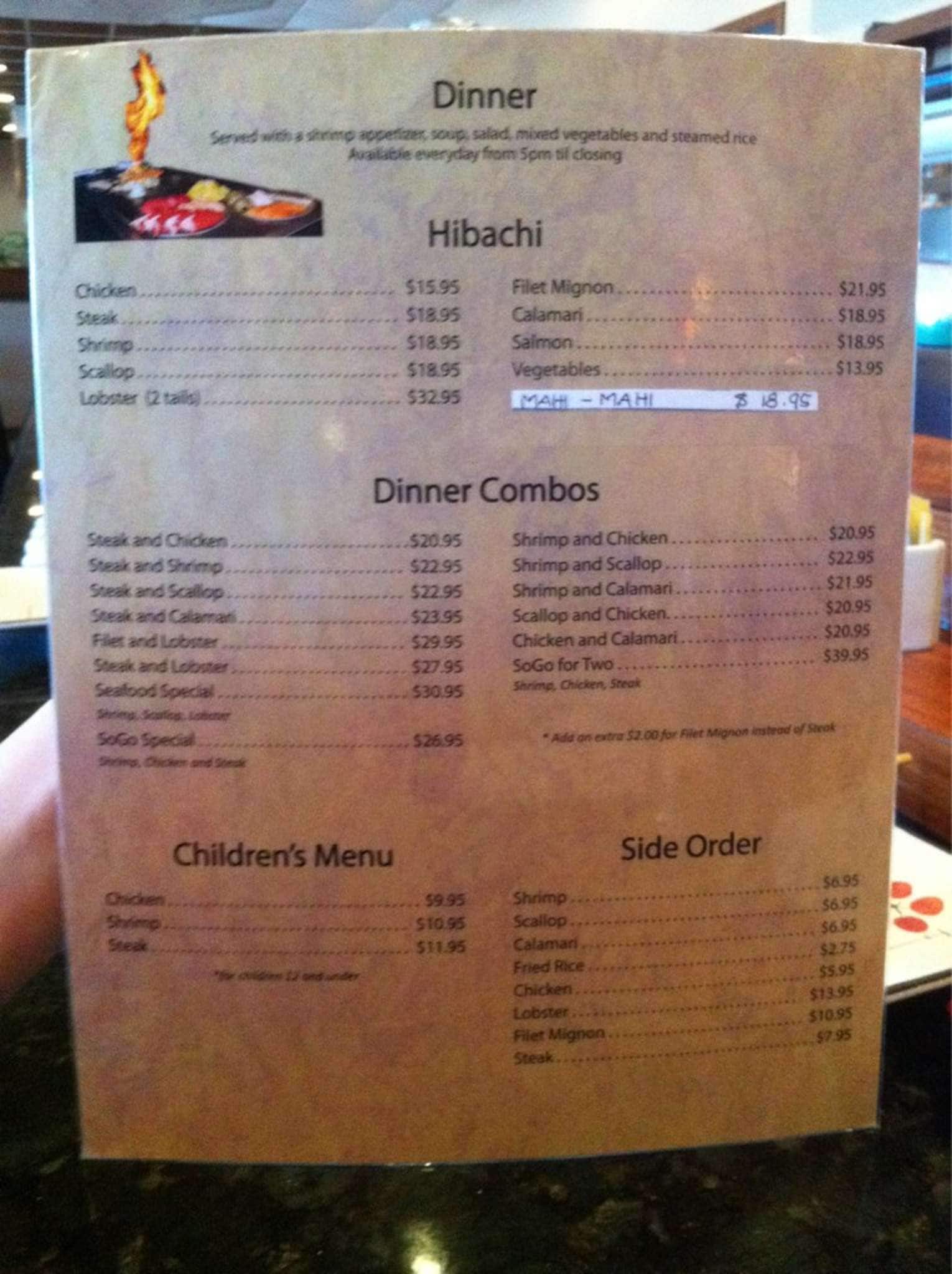 Menu at Sogo | Japanese Restaurant, Slidell