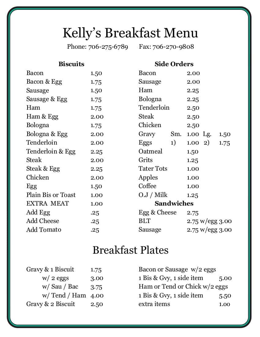 Menu at Kelly's Restaurant, Dalton