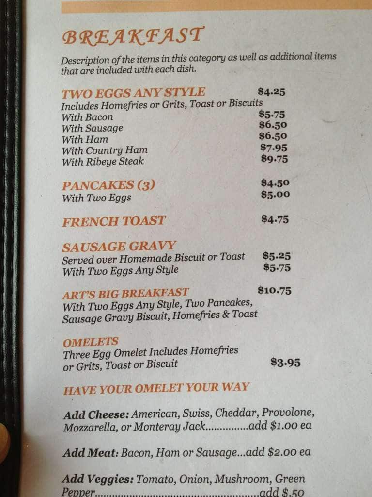 Menu at Art's Place restaurant, Kitty Hawk