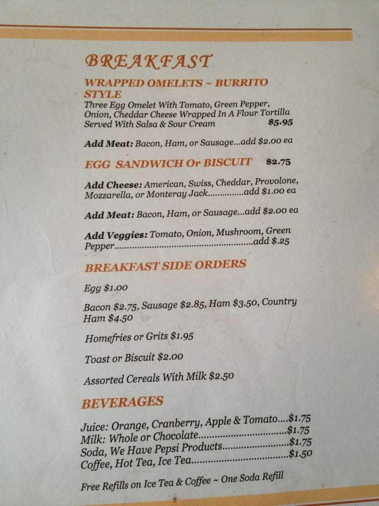 Menu at Art's Place restaurant, Kitty Hawk