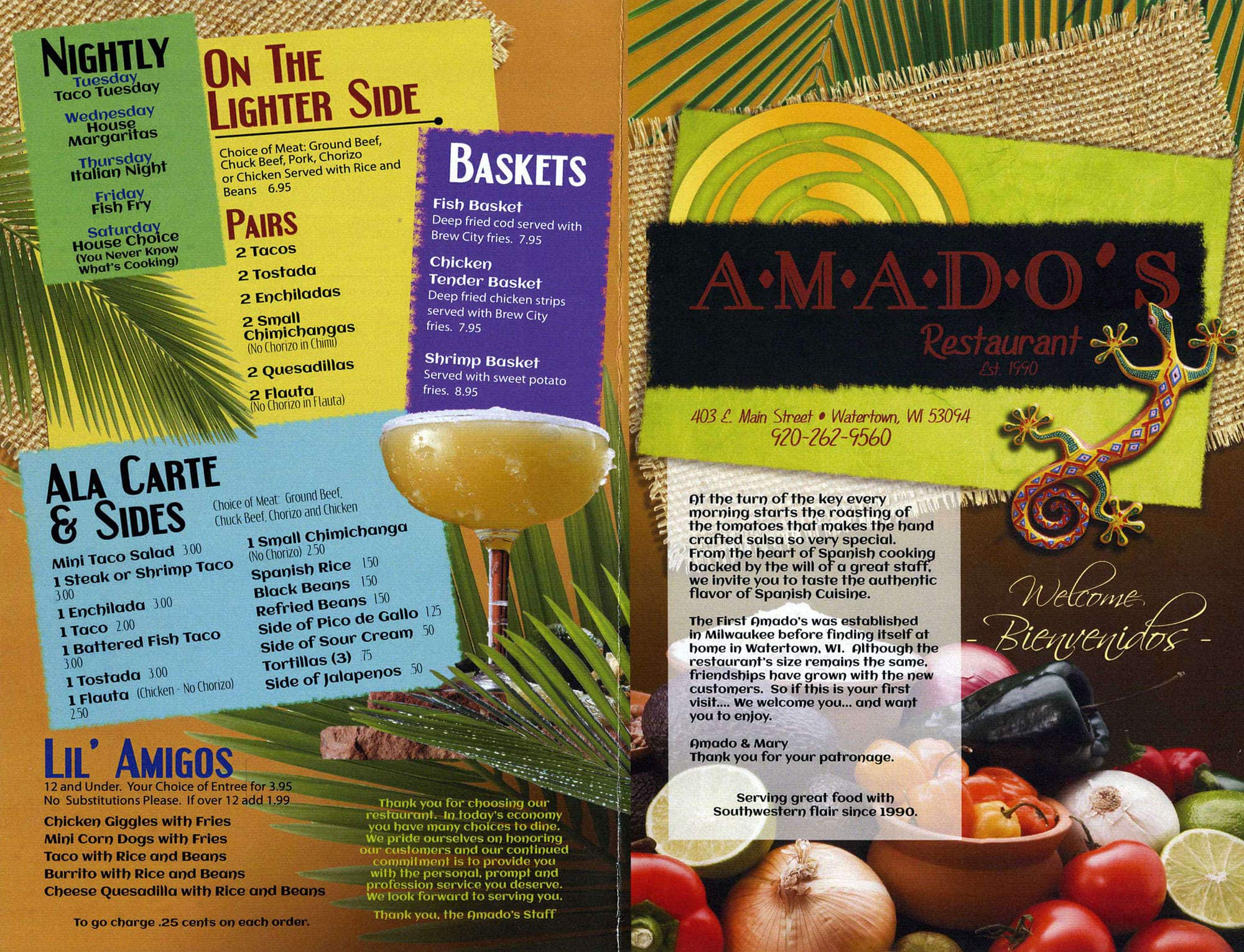 Menu at Amado's restaurant, Watertown