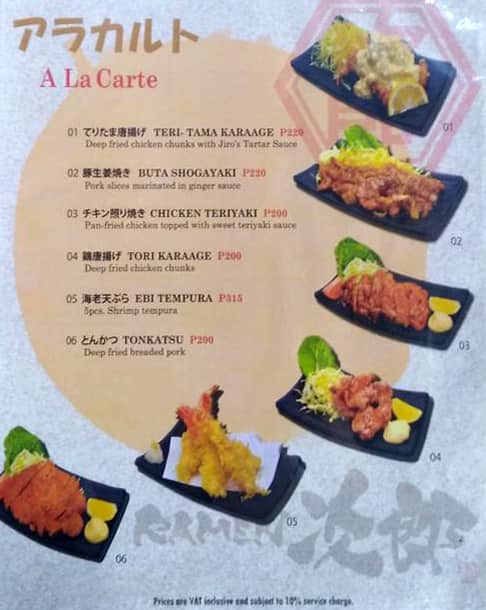 Menu at Ramen Jiro restaurant, Mandaluyong