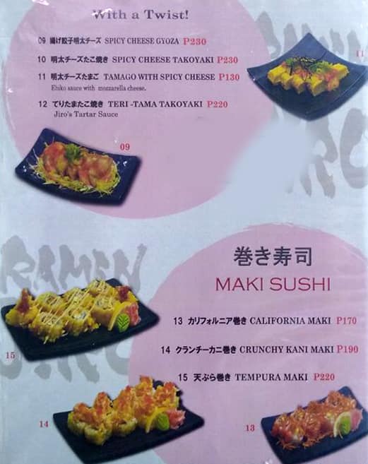 Menu at Ramen Jiro restaurant, Mandaluyong