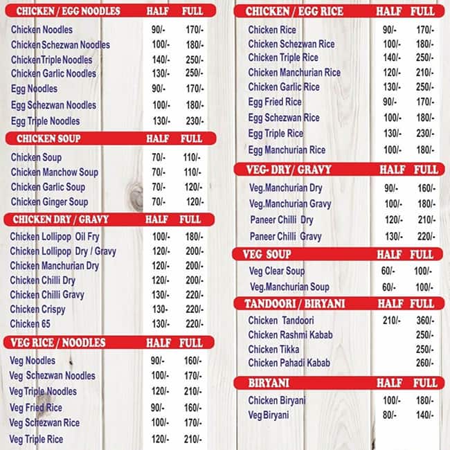 Menu of Shiva Chinese Junction, Kandivali East, Mumbai