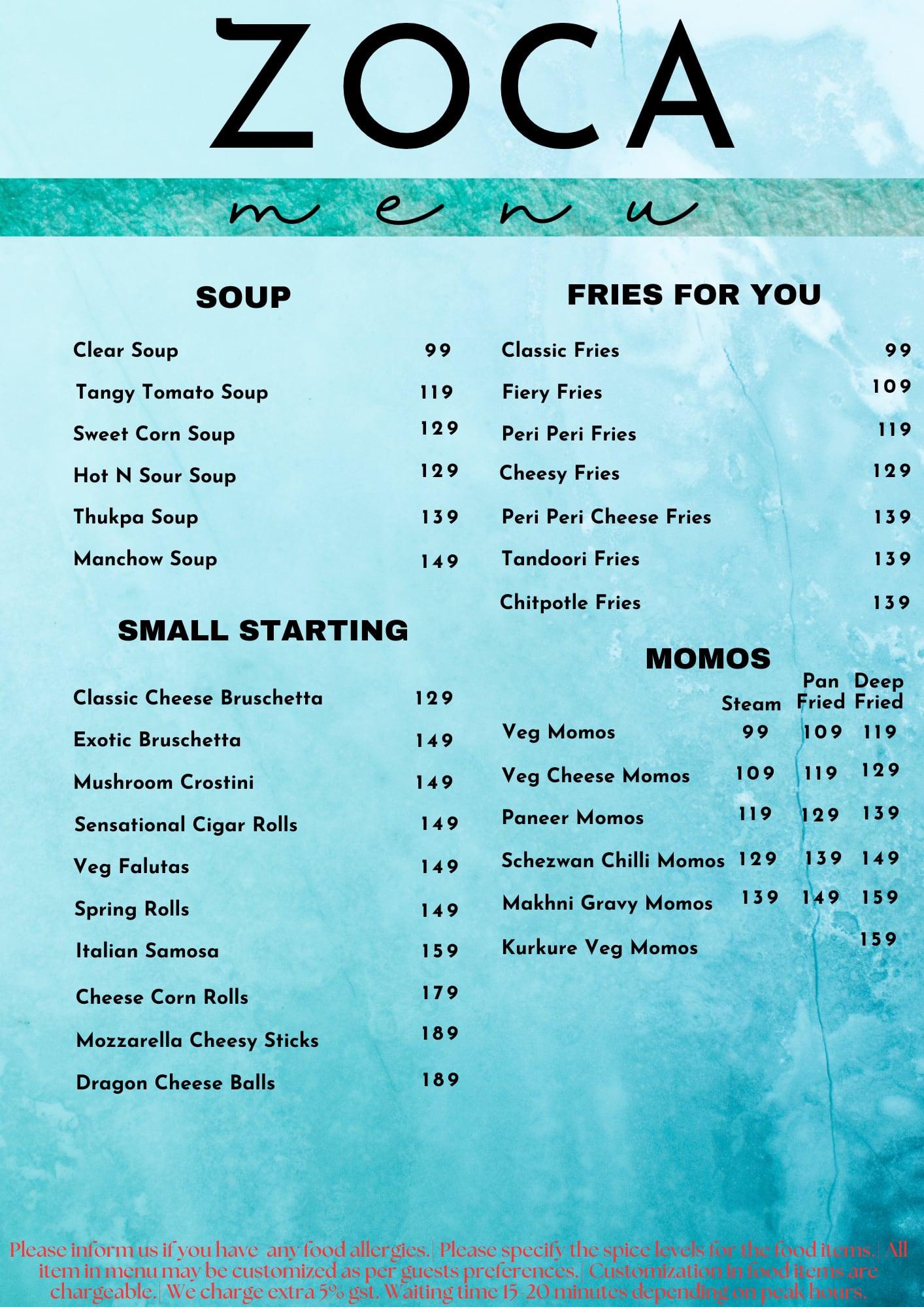 Menu of Zoca Cafe, Sudama Nagar, Indore