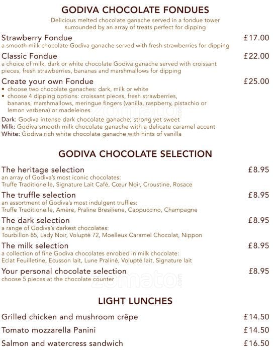 Carta de Cafe Godiva, Londres, 87-135 Brompton Rd