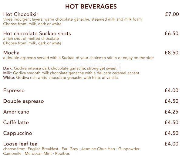 Menu at Cafe Godiva, London, 87-135 Brompton Rd