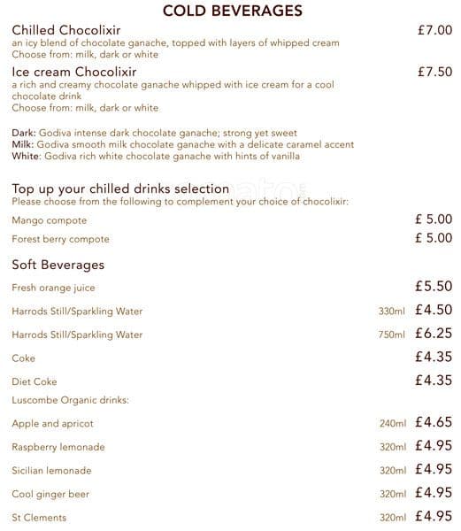 Menu at Cafe Godiva, London, 87-135 Brompton Rd