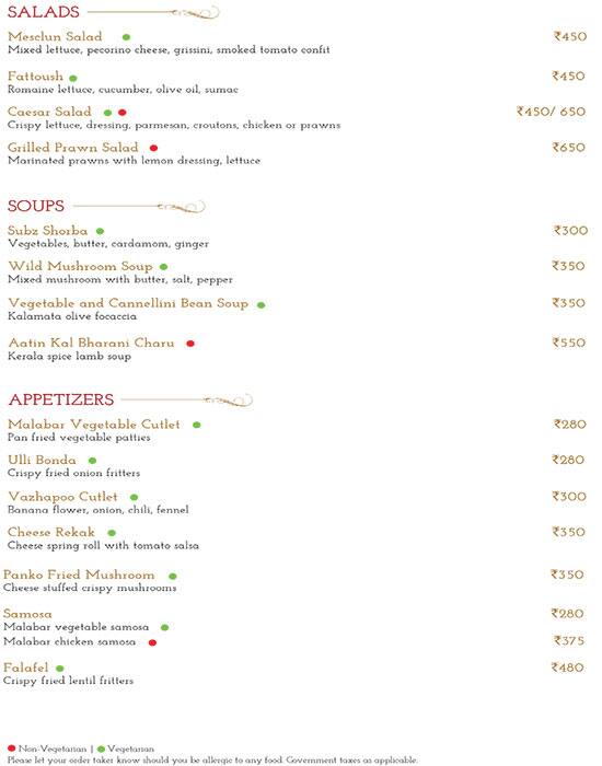 Menu at Malabar Cafe - Grand Hyatt Kochi Bolgatty, Kochi
