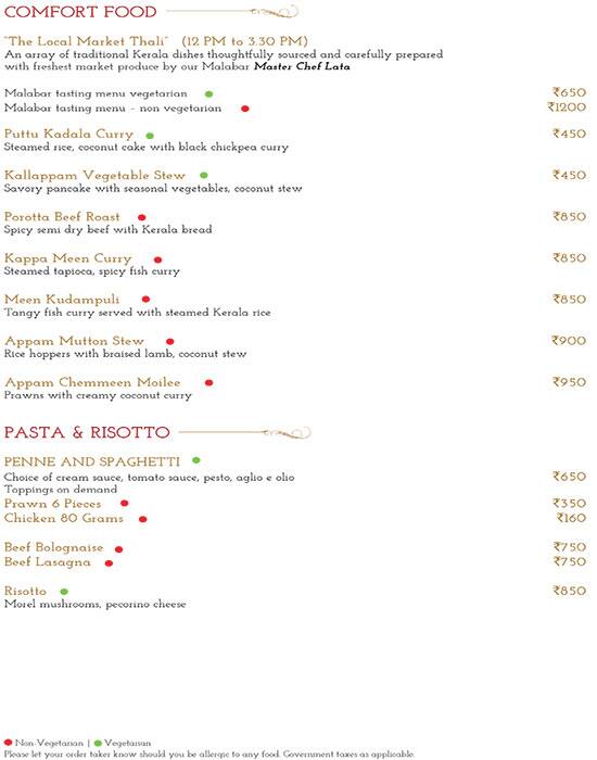 Menu at Malabar Café, Kochi, Lobby Level