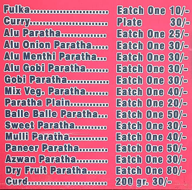 Menu of Punjabi Paratha House, Panjagutta, Hyderabad