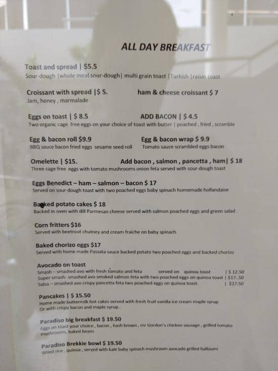 Menu at Paradiso restaurant, Neutral Bay, 4/206 Military Rd