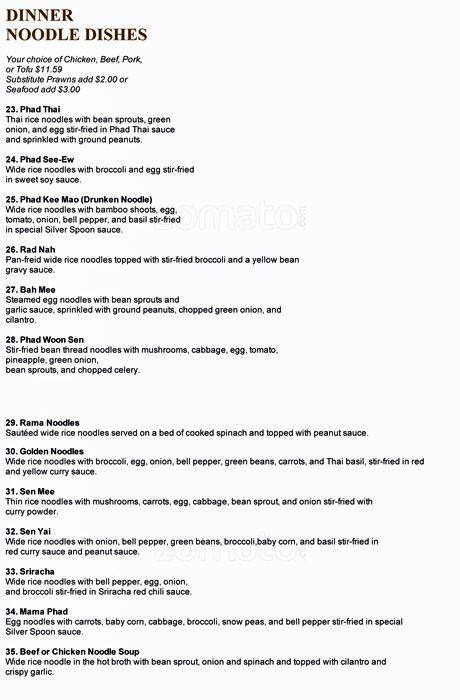 Menu at Silver Spoon Thai Restaurant, Redmond
