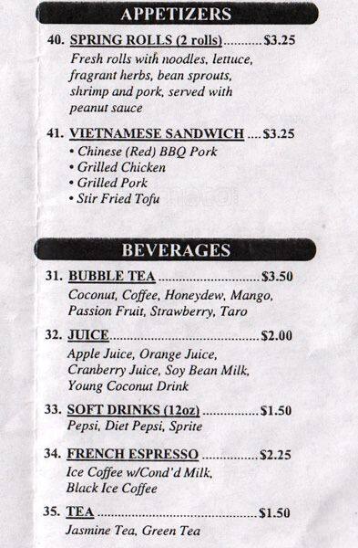 Menu at Pho Tran restaurant, Seattle