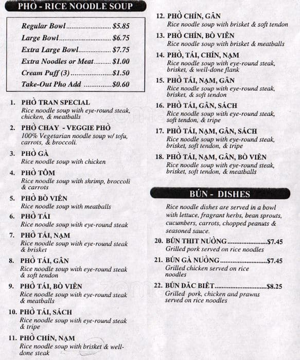 Menu at Pho Tran restaurant, Seattle