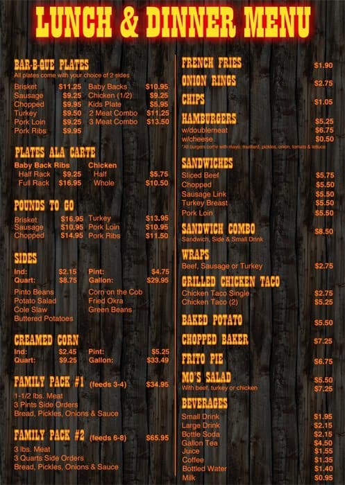 Menu at Smokey Mo's BBQ, Georgetown, W University Ave # 310