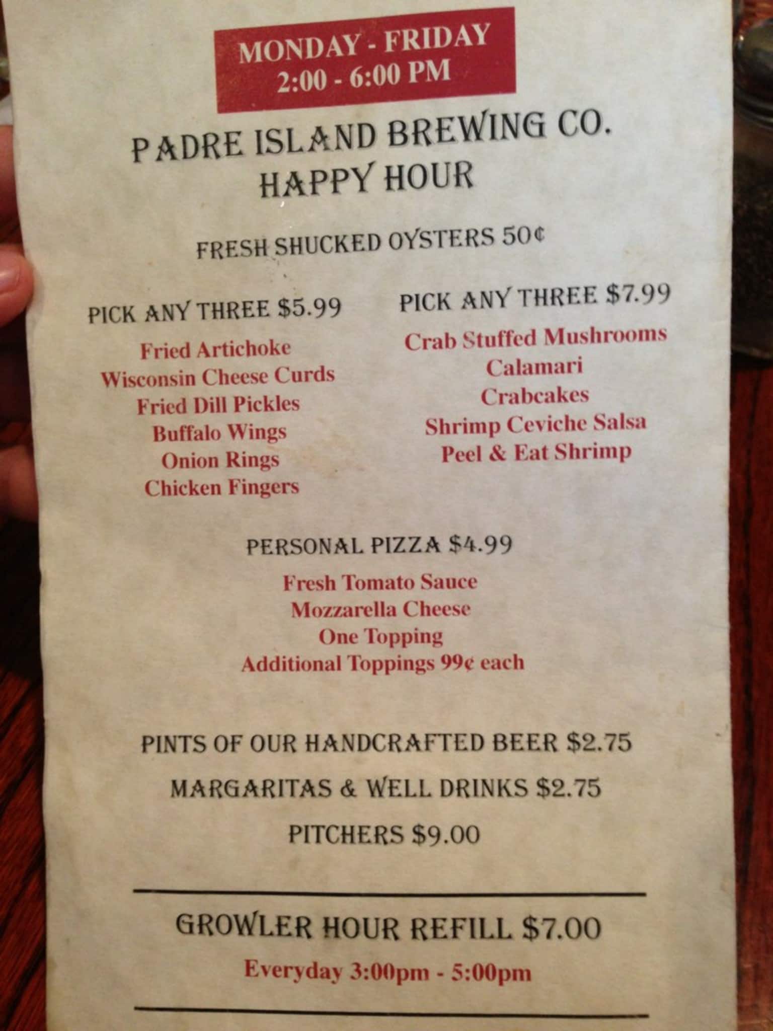 Menu at Padre Island Brewing Co pub & bar, South Padre Island