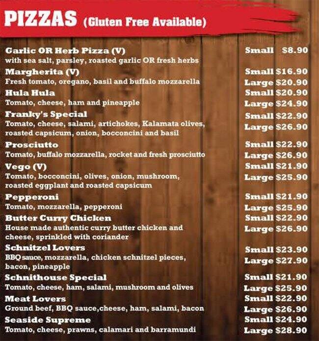 Menu at Schnithouse Elizabeth pizzeria, Elizabeth