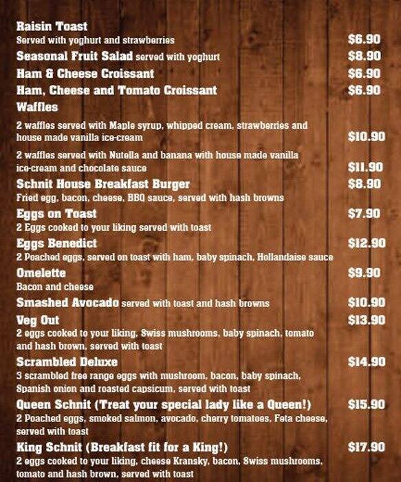 Menu at Schnithouse Elizabeth pizzeria, Elizabeth