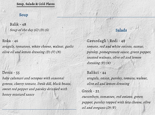 Menu of Fish Beach Taverna - Le Méridien Mina Seyahi Beach Resort ...