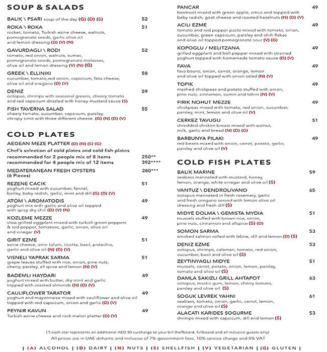 Menu of Fish Beach Taverna - Le Méridien Mina Seyahi Beach Resort ...