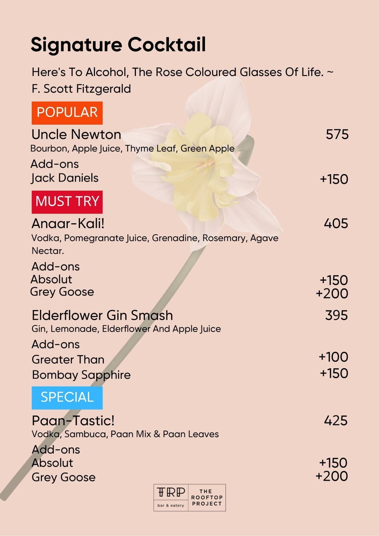 Menu of TRP - The Rooftop Project, MG Road, Pune