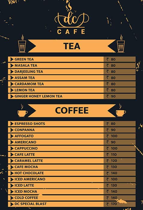 Menu at DC Cafe, Patna