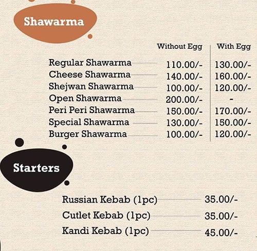 Menu of The Shawarma Bar And Grills, Sinhgad Road, Pune