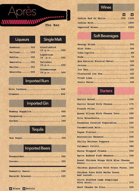 Menu at Apres - The Bar, Mumbai