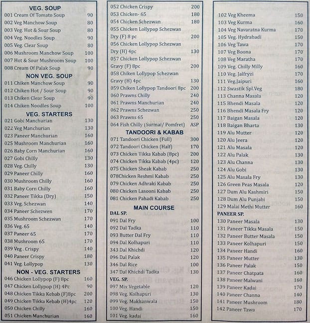 Menu of Swastik Lunch Home, Kamothe, Navi Mumbai