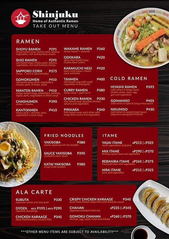Menu at Shinjuku Japanese Cuisine restaurant, Makati, Pasong Tamo 1231