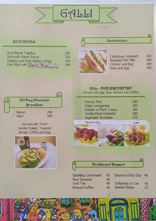 Menu at Galli Village Cafe, Makati, YMCA/ Jn. niorales Bldg