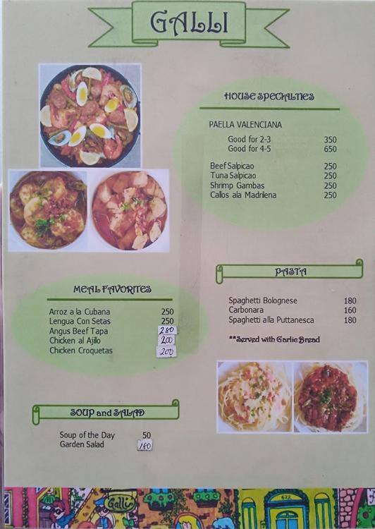 Menu at Galli Village Cafe, Makati, YMCA/ Jn. niorales Bldg