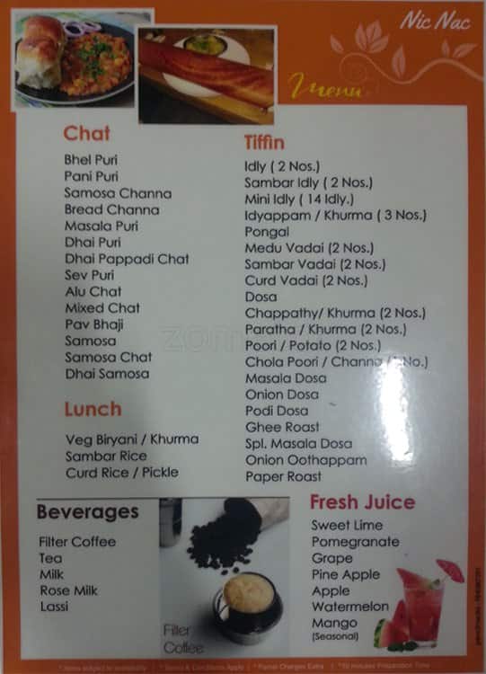 Menu at Nic Nac Vegetarian, Chennai, 26RJ+7VM