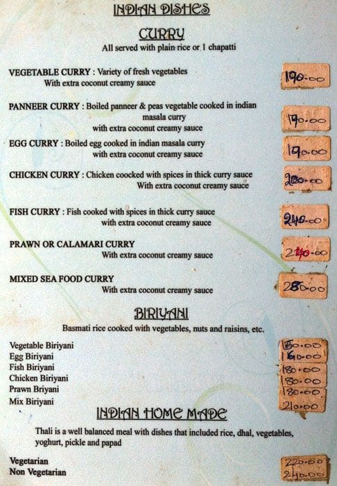 Menu at Buddha Cafe, Mahabalipuram
