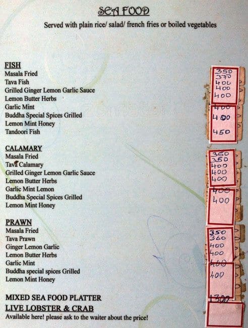 Menu at Buddha Cafe, Mahabalipuram