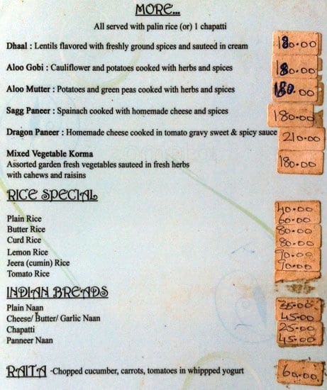 Menu at Buddha Cafe, Mahabalipuram
