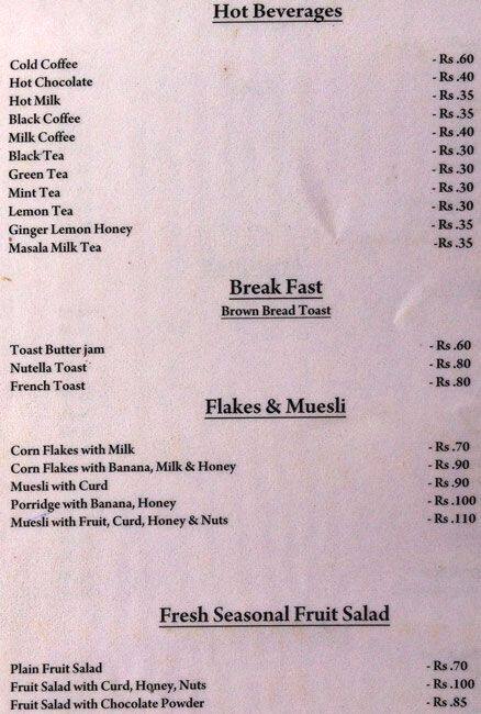 Menu at Buddha Cafe, Mahabalipuram