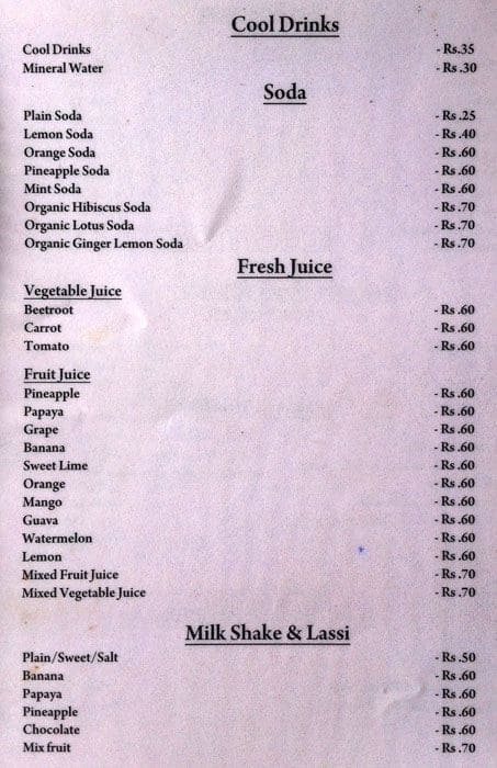 Menu at Buddha Cafe, Mahabalipuram