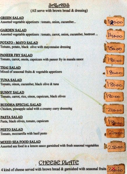 Menu at Buddha Cafe, Mahabalipuram