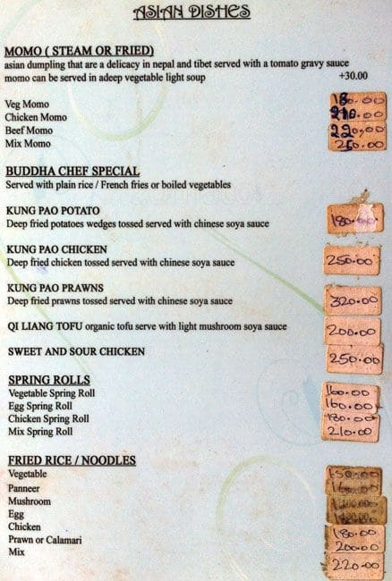Menu at Buddha Cafe, Mahabalipuram