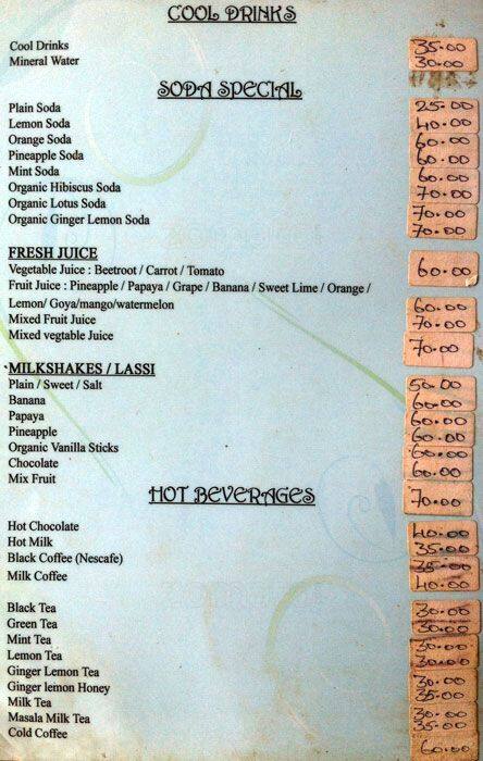 Menu at Buddha Cafe, Mahabalipuram