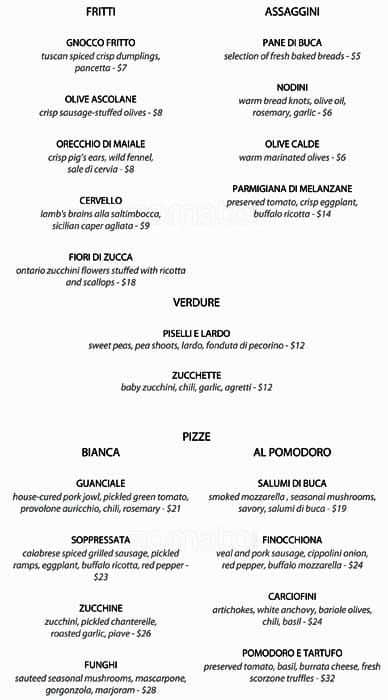 Menu at Buca restaurant, Toronto