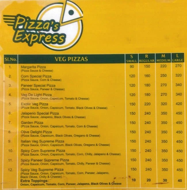 Pizza's Express Menu, Menu for Pizza's Express, Banjara Hills ...