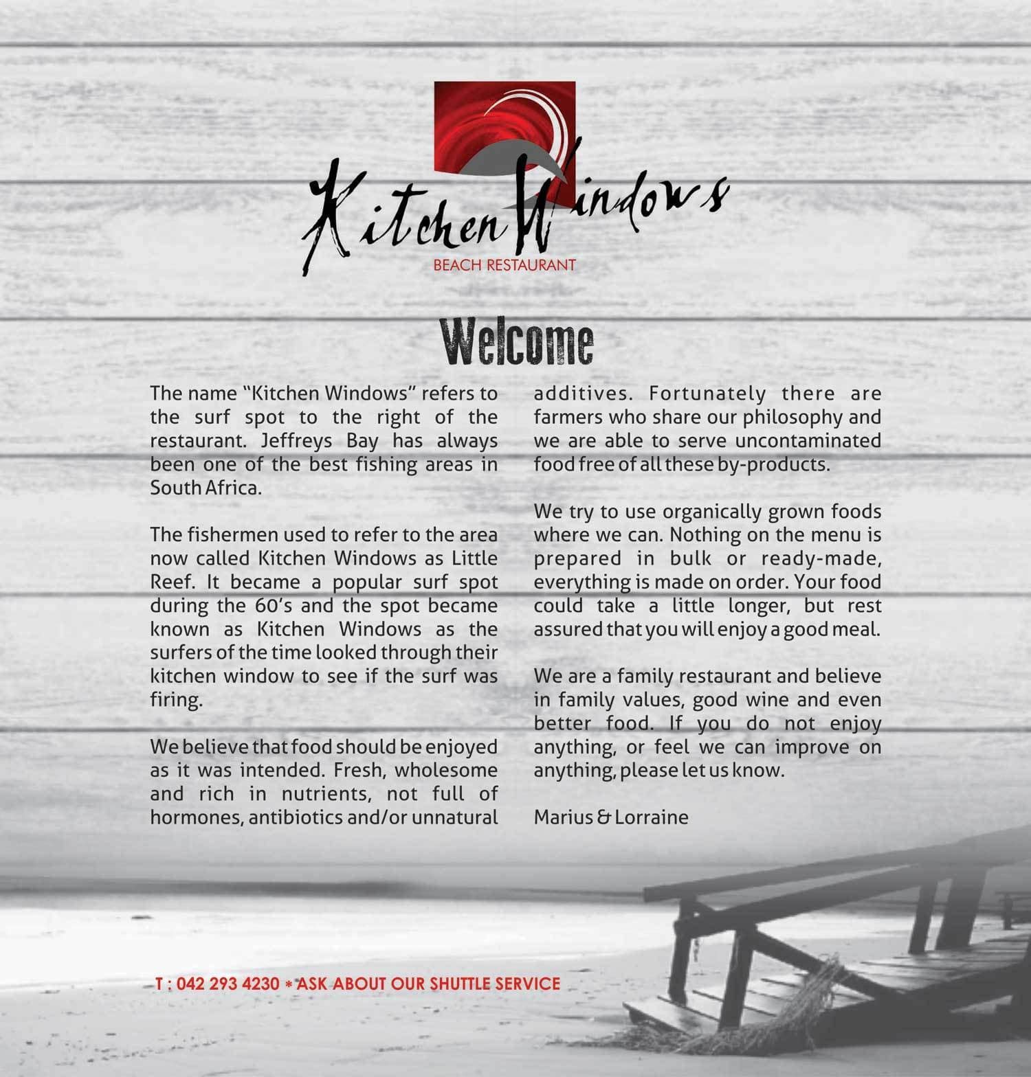 Menu at Kitchen Windows Beach Restaurant, Jeffreys Bay