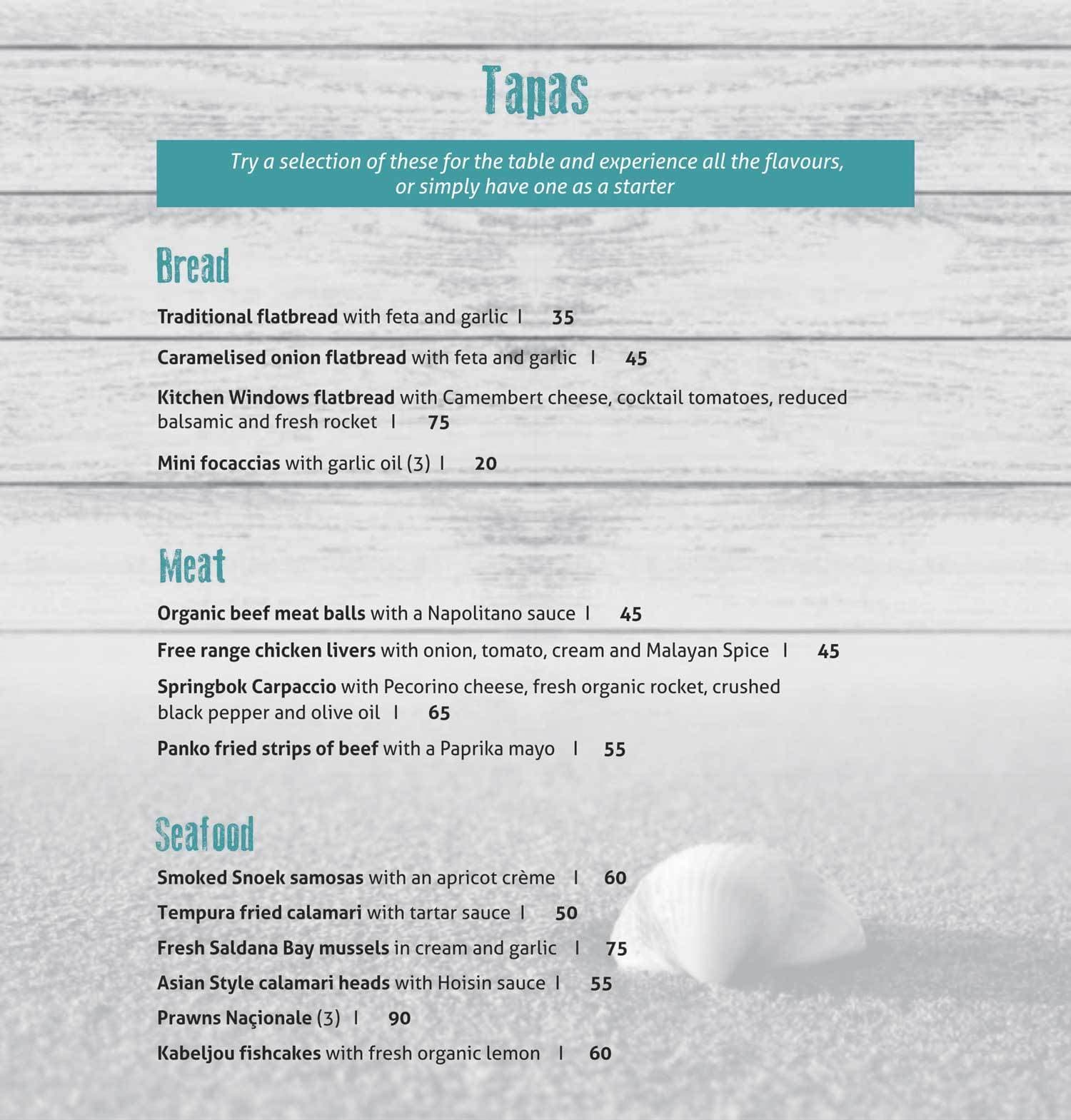 Menu at Kitchen Windows Beach Restaurant, Jeffreys Bay
