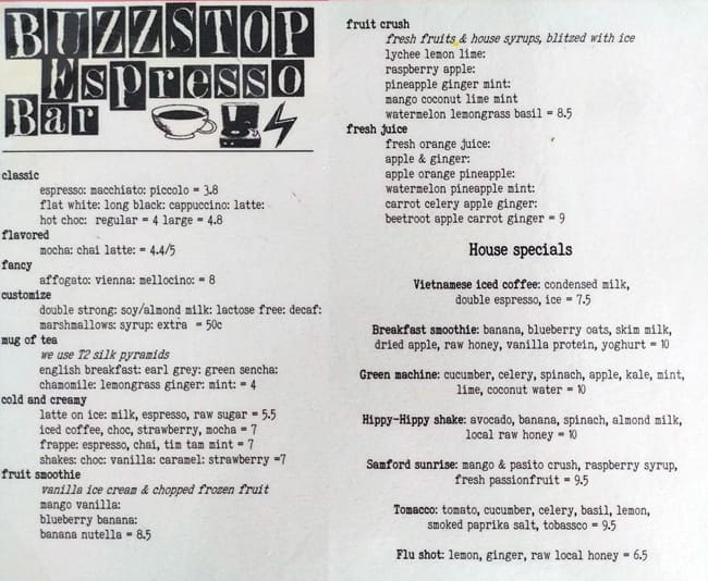 Menu at Buzz Stop Espresso Bar, Samford Village